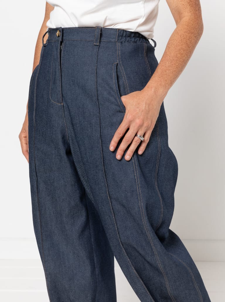 Twig Woven Pant Sewing Pattern | High Waisted Barrel Leg Jeans – de Linum