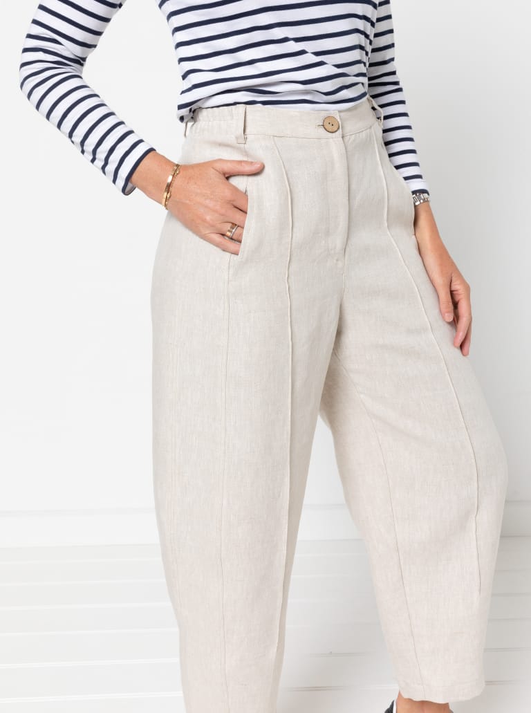 Twig Woven Pant Sewing Pattern | High Waisted Barrel Leg Jeans – de Linum