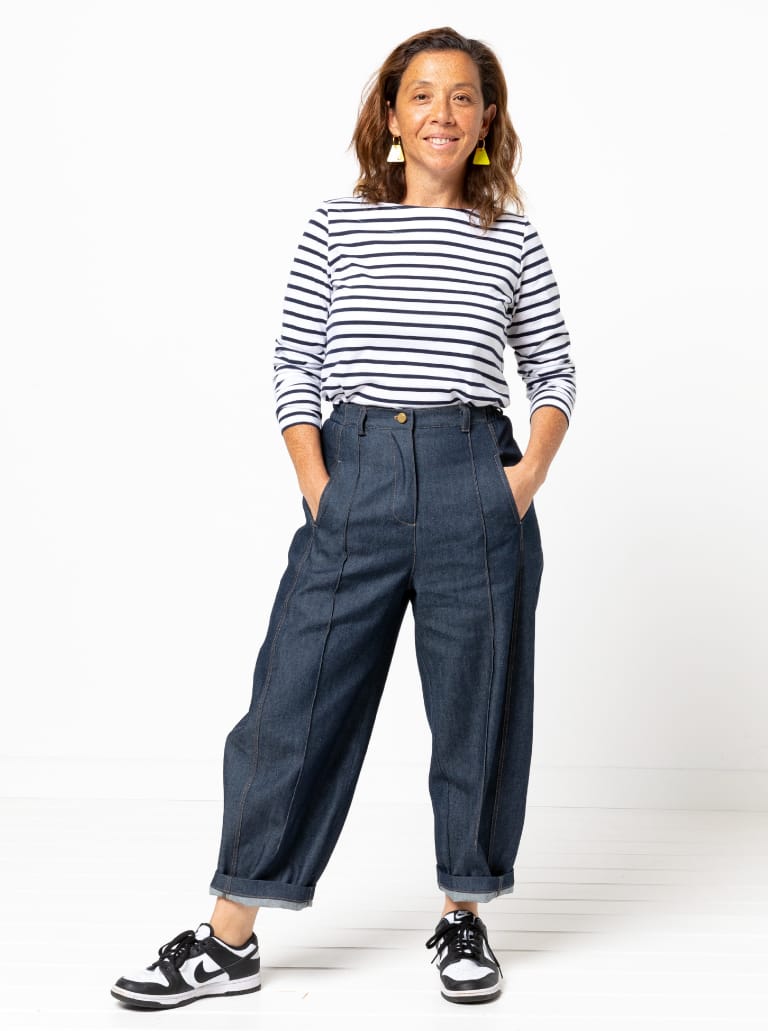 Twig Woven Pant Sewing Pattern | High Waisted Barrel Leg Jeans – de Linum